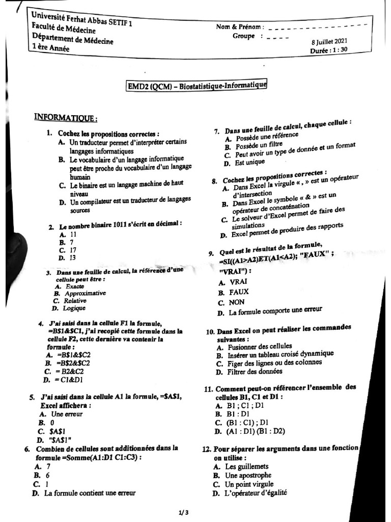 Biostatistique Informatique-1 | PDF