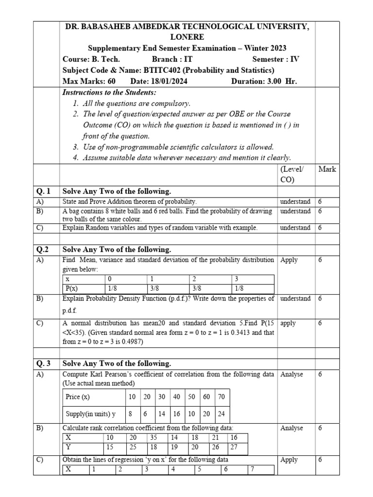 Probability and Statistics (BTITC402) 1751604208581 | PDF | Probability Density Function ...