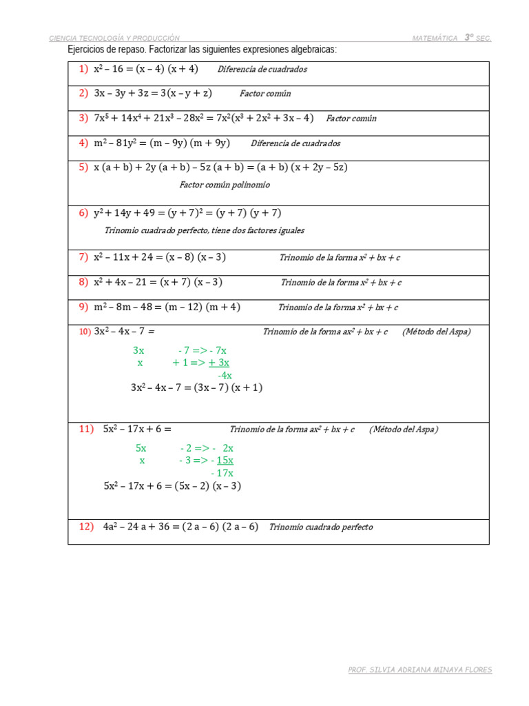 FACTORIZACIÓN - Ejercicios de Repaso | PDF