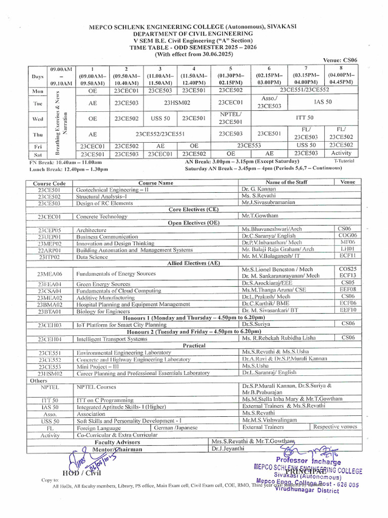 III Year Civil Dept V Sem Time Table 2025-26 | PDF