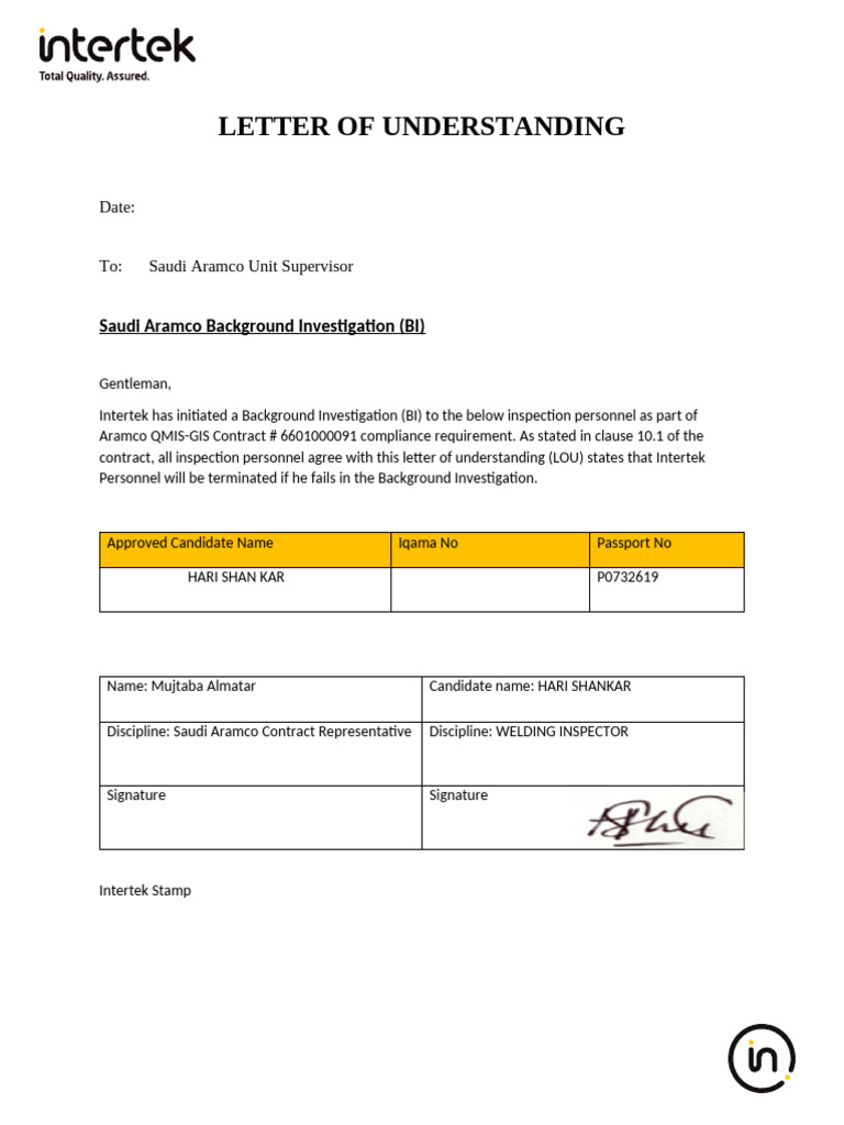 Letter of Understanding | PDF