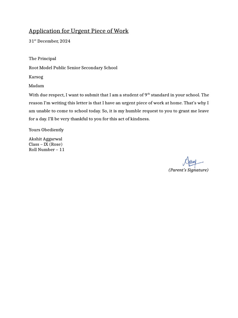 Leave Application for Urgent Work | PDF