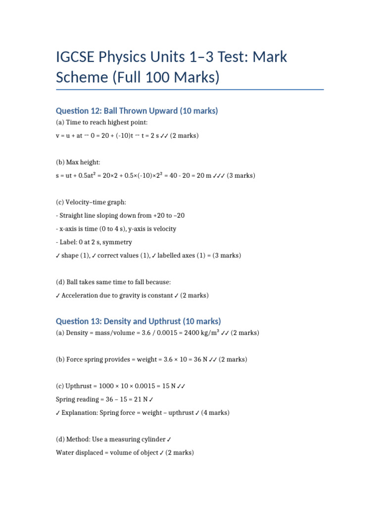 IGCSE Physics Units1-3 Mark Scheme-2 | PDF