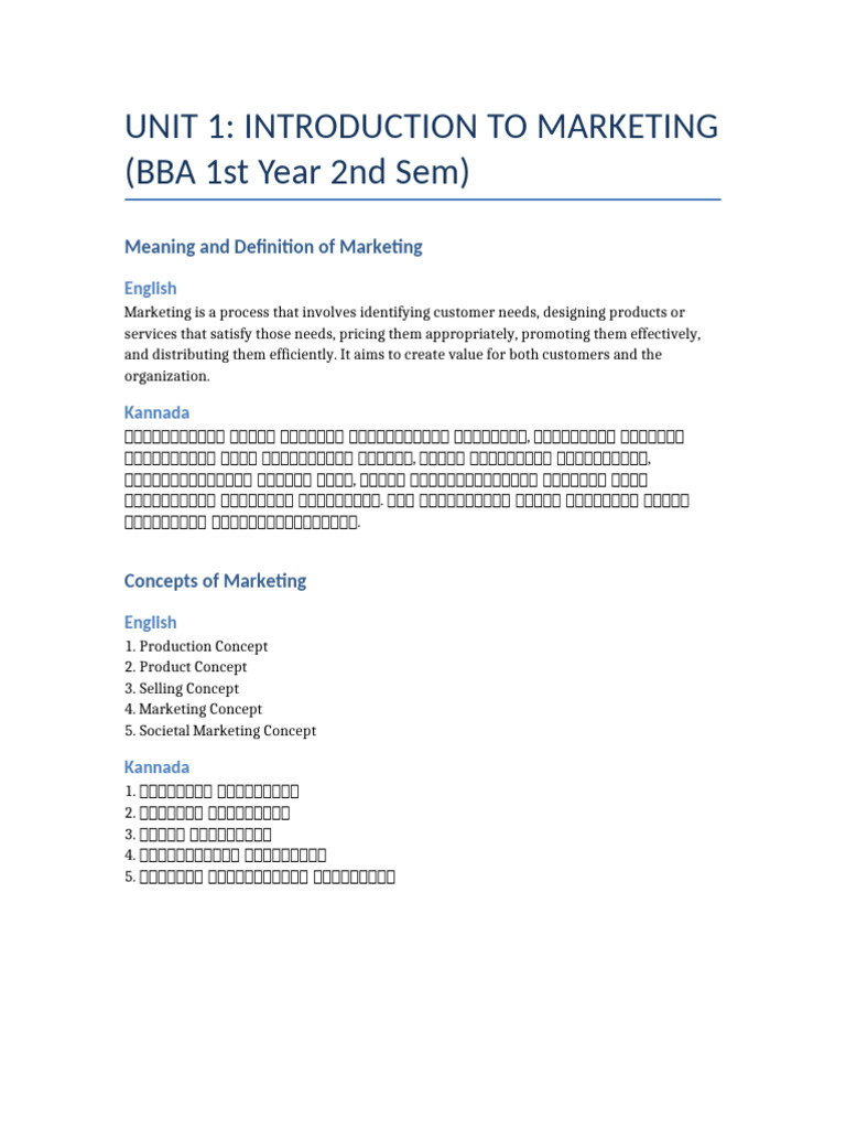 Unit 1 Introduction To Marketing BBA English Kannada | PDF