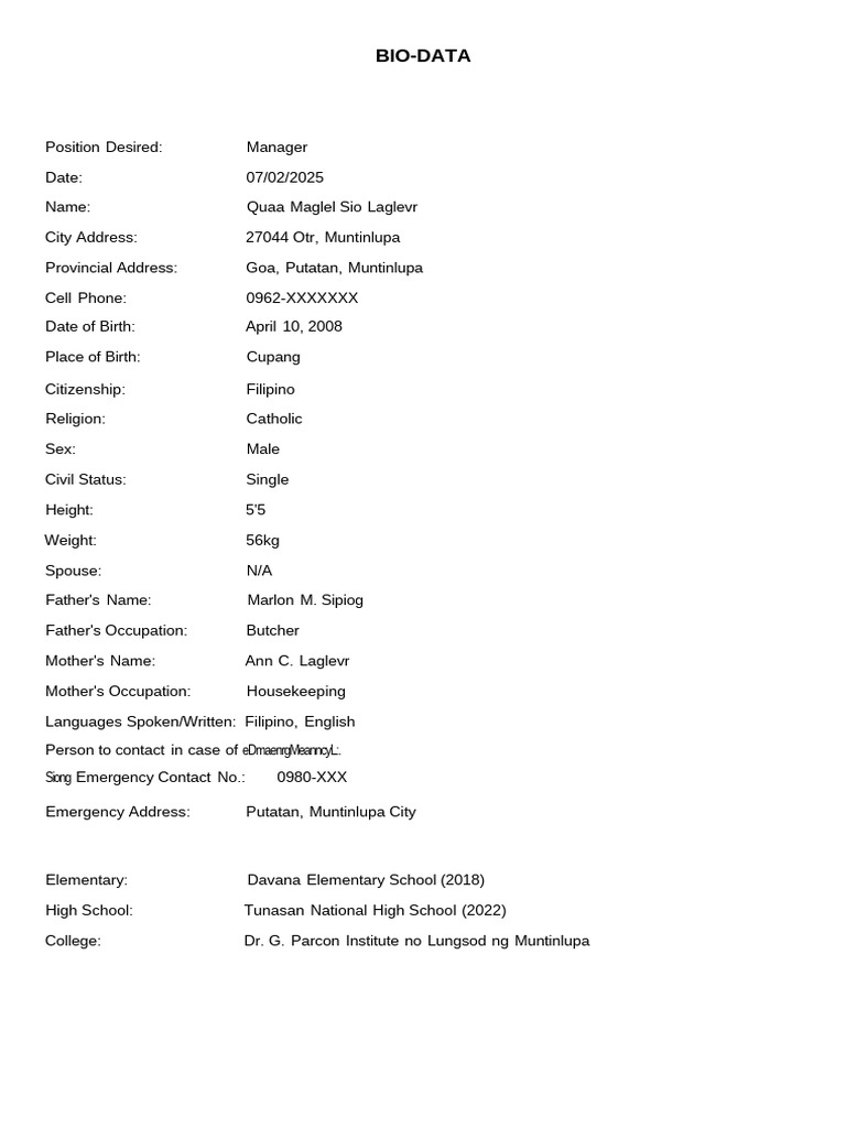 Bio Data Template Axel | PDF