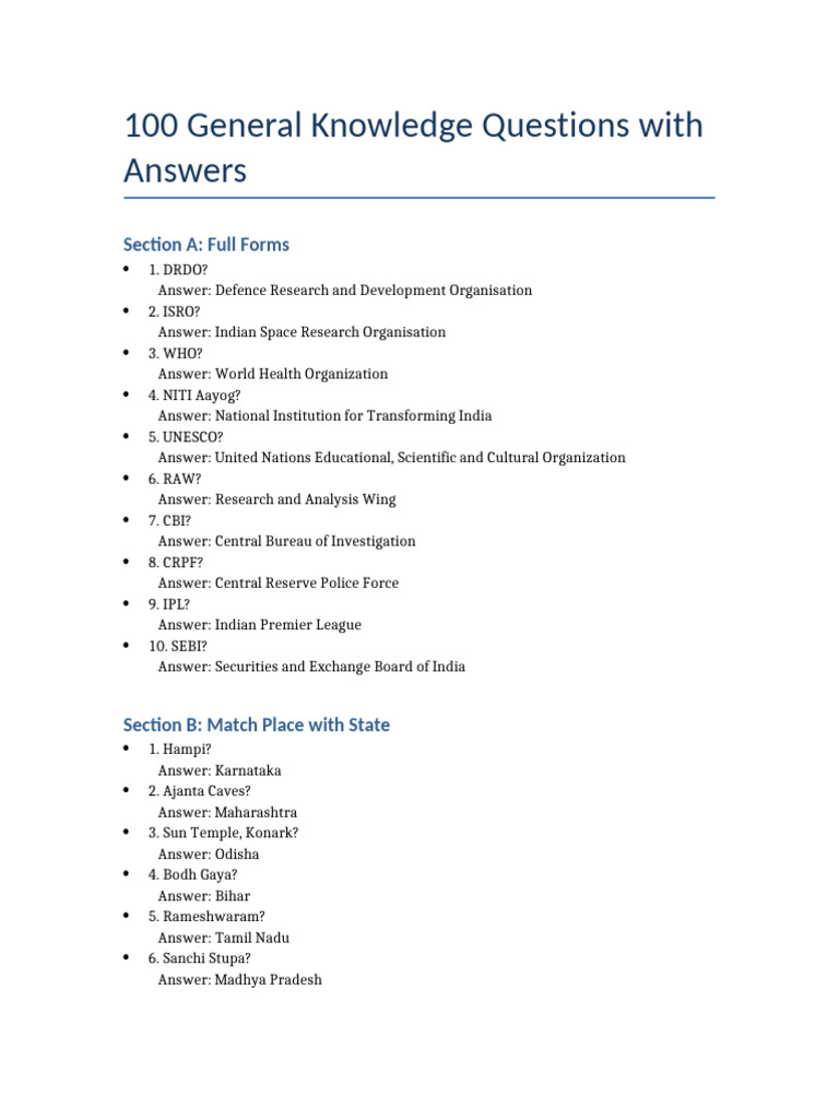100 General Knowledge Questions & Answers | PDF | South Asia