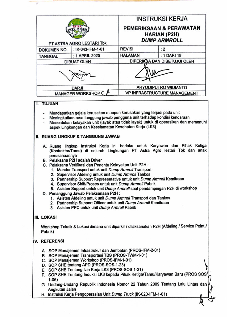 IK-043-IFM-1-01 Pemeriksaan & Perawatan Harian (P2H) Dump Armroll | PDF