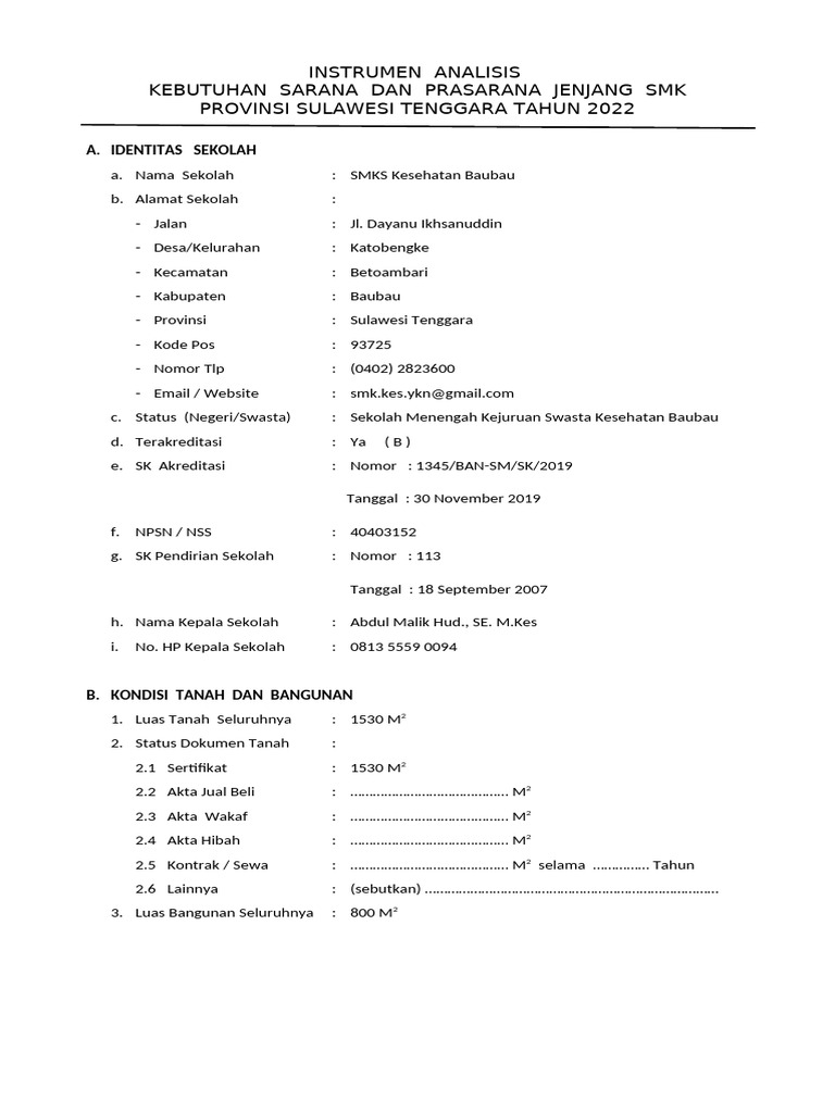 Instrumen Analisis Kebutuhan Sarpras Sekolah Jenjang SMK Tahun 2022 Jdi | PDF