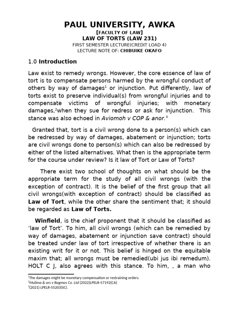 Law of Torts 1ST Semester Upgraded | PDF | Tort | Sovereign Immunity