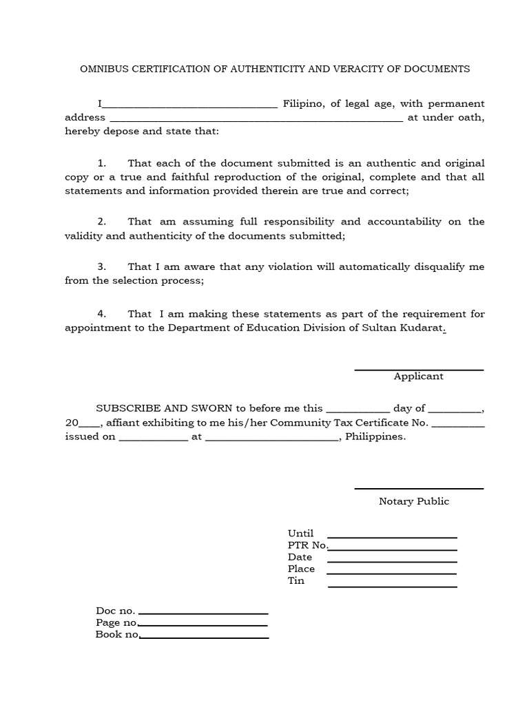 Omnibus Certification of Authenticity and Veracity of Documents 1 | PDF
