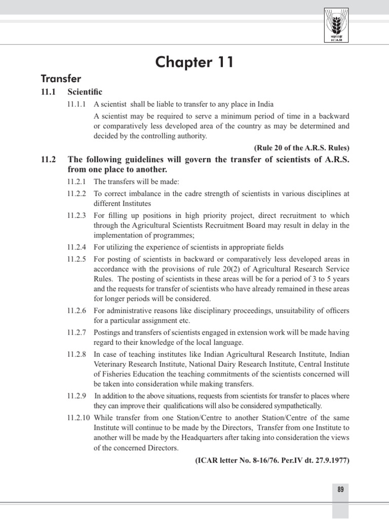 Chapter 11 Transfer (ICAR Manual) | PDF