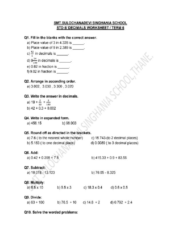 Decimals Worksheet | PDF