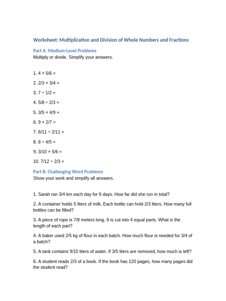 Multiplication Division Fractions Worksheet | PDF