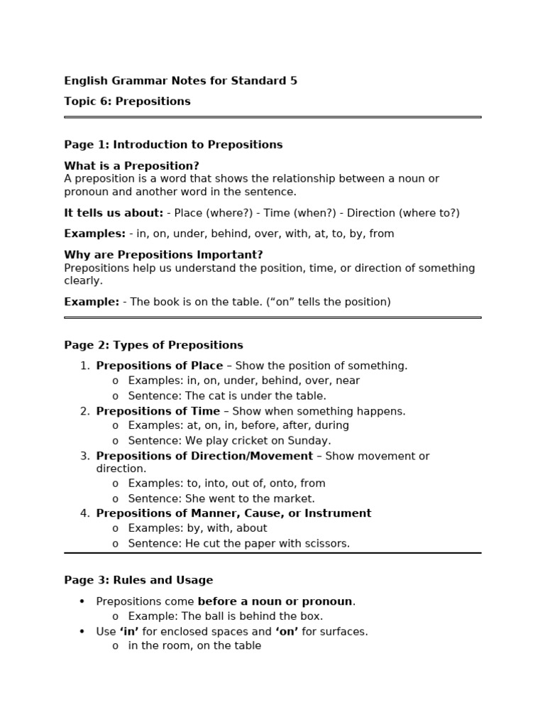 Standard5 Grammar Prepositions | PDF | English Grammar | Syntax