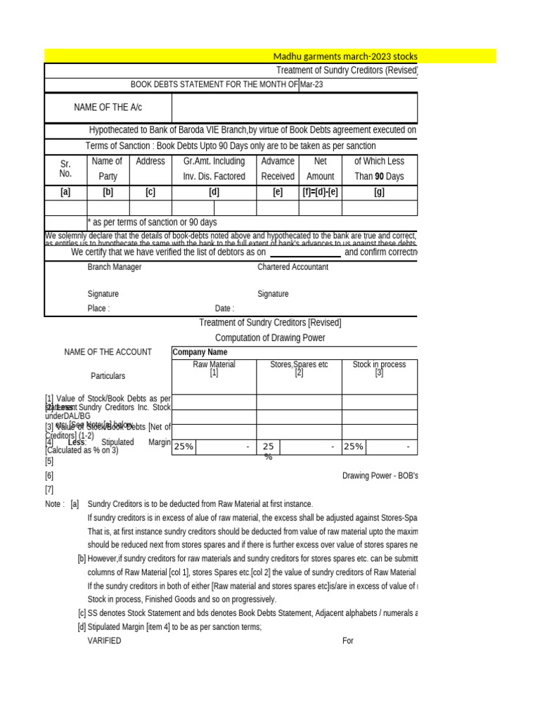 March 2023 Stock Statement for BOB | PDF | Debt | Debtor