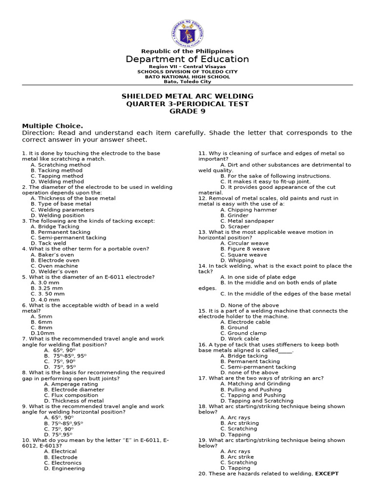 Grade 9 Welding Periodical Test | PDF | Welding | Construction