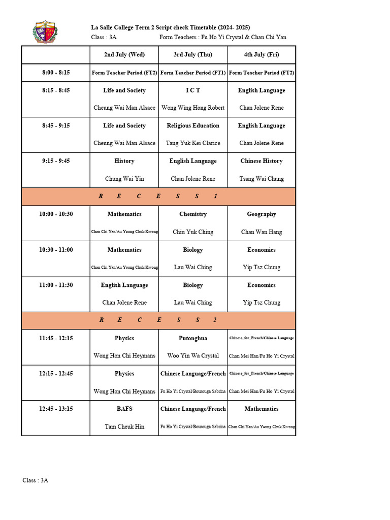 La Salle College Class 3 Timetable 2024-2025 | PDF | Hong Kong