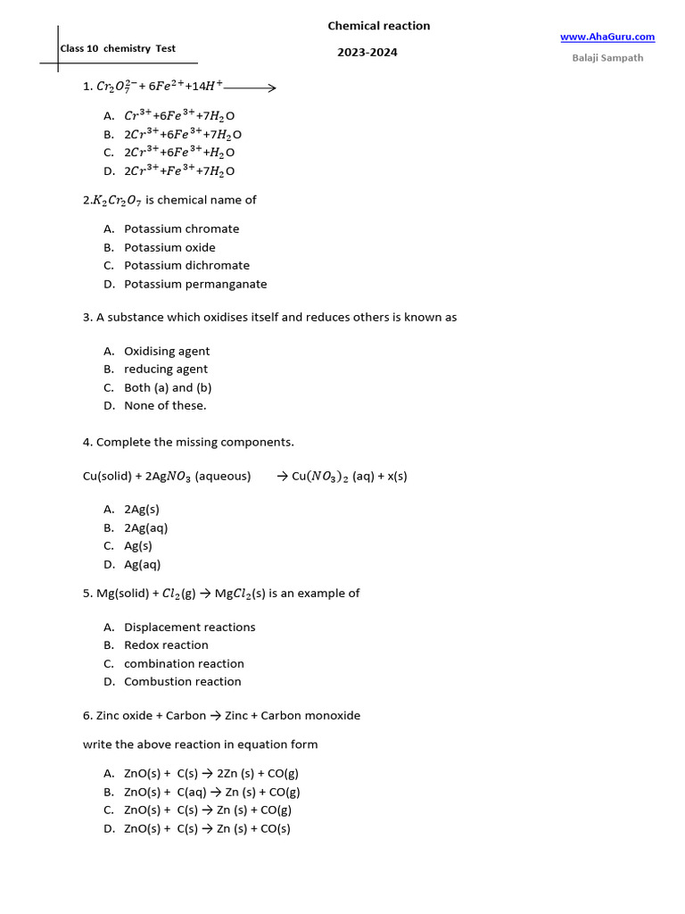 STD 10 Test On Chemical Reaction and Equation-11 Aug 23 - Student | PDF ...