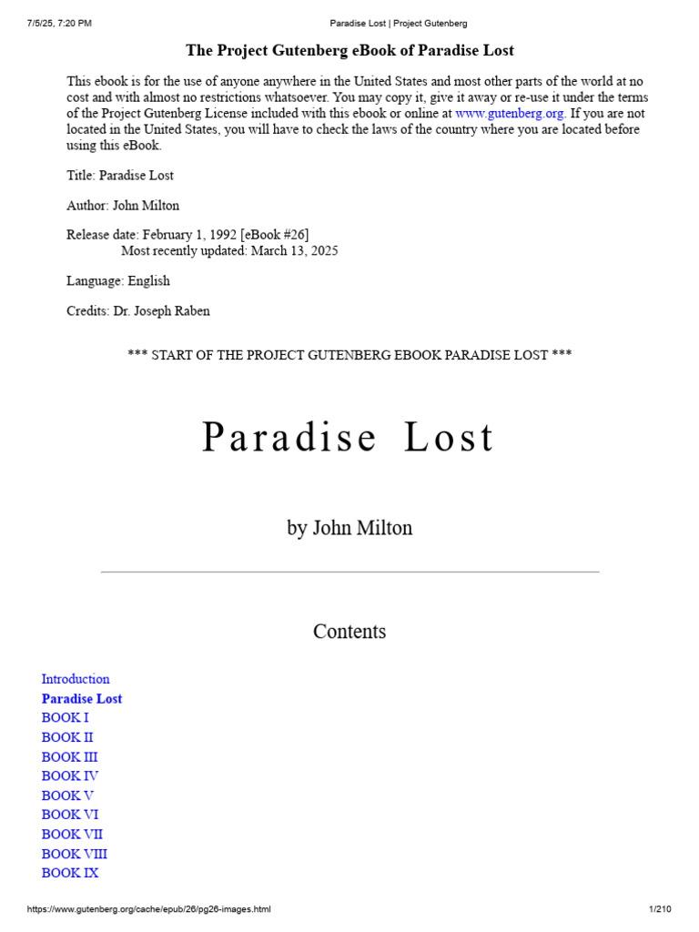Paradise Lost by John Milton eBook | PDF | Paradise Lost | Heaven