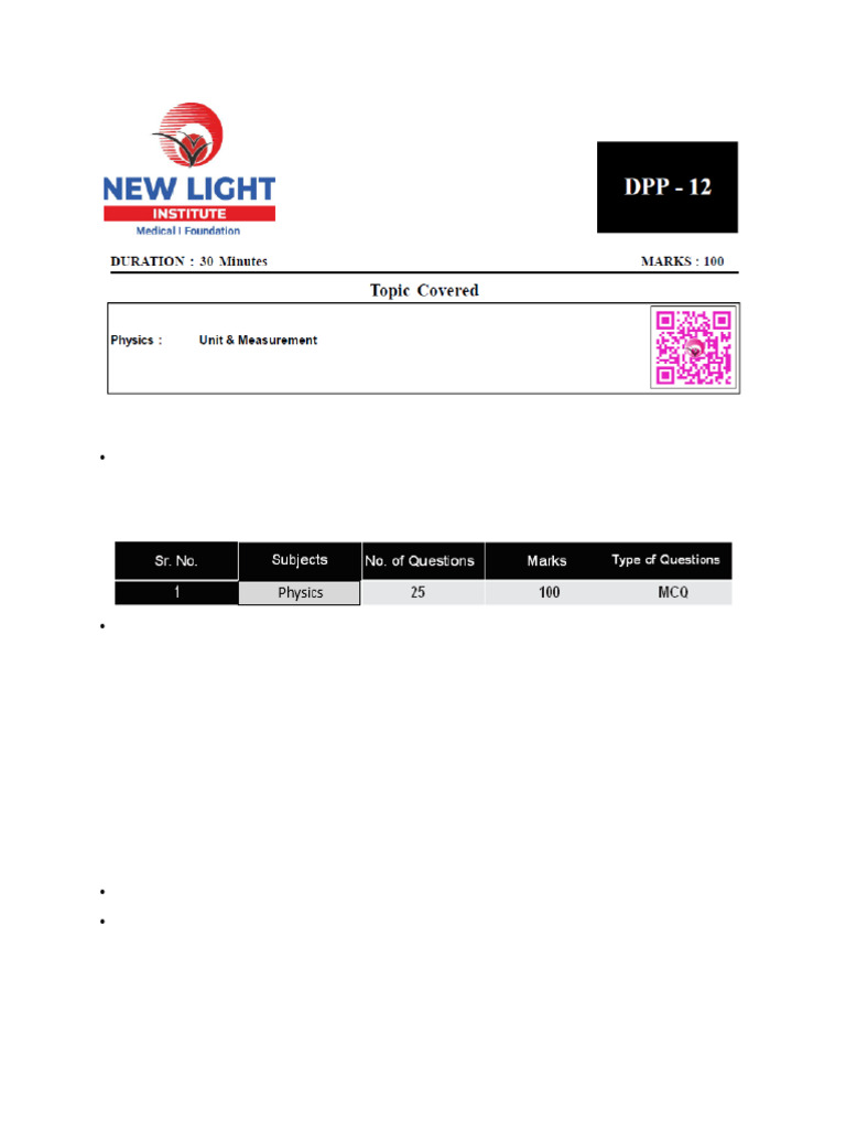 Physics (Unit & Measurement) M1 Batch (DPP-1) Questions | PDF | Quantity | Physical Quantities