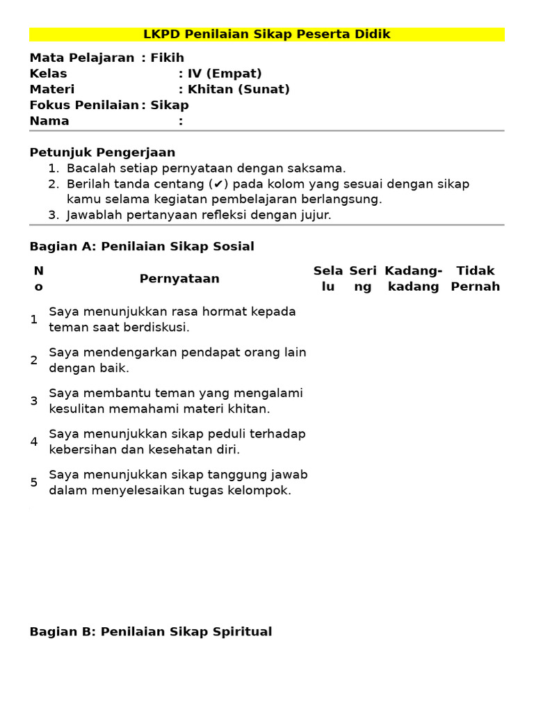 Penilaian Sikap Fikih Kelas IV Khitan | PDF