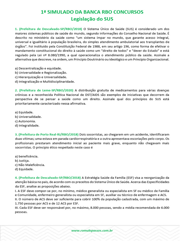 Simulado RBO: Legislação do SUS e Saúde | PDF | Gravidez | Envelhecimento