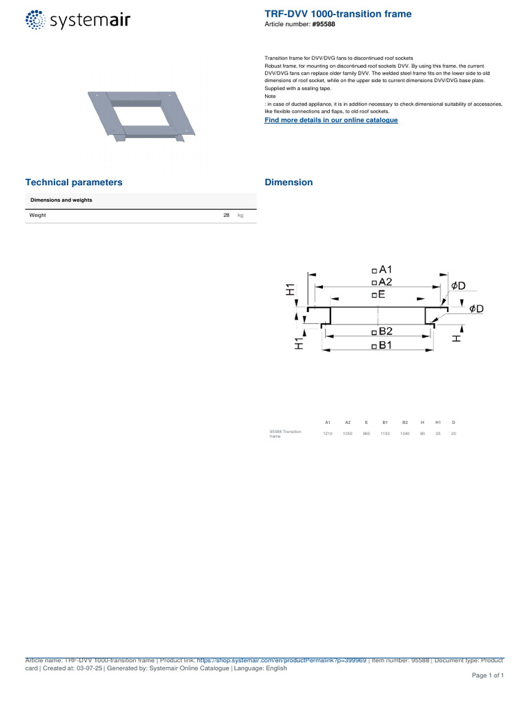 Systemair TRF-DVV 1000-Transition Frame | PDF