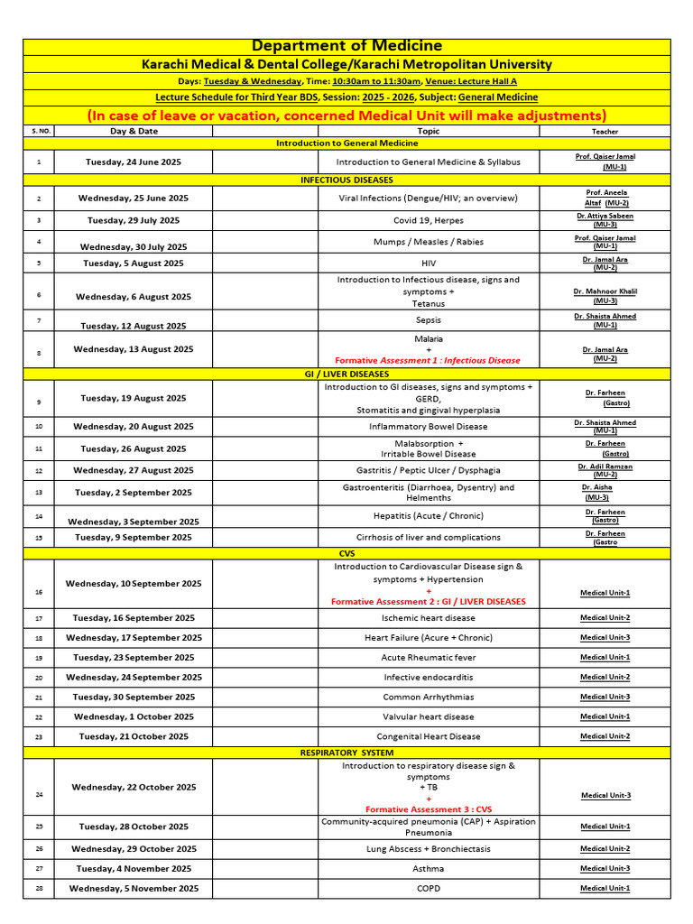 Third Year Bds Lecture Schedule 2025 - 2026 | PDF | Respiratory Diseases | Anemia