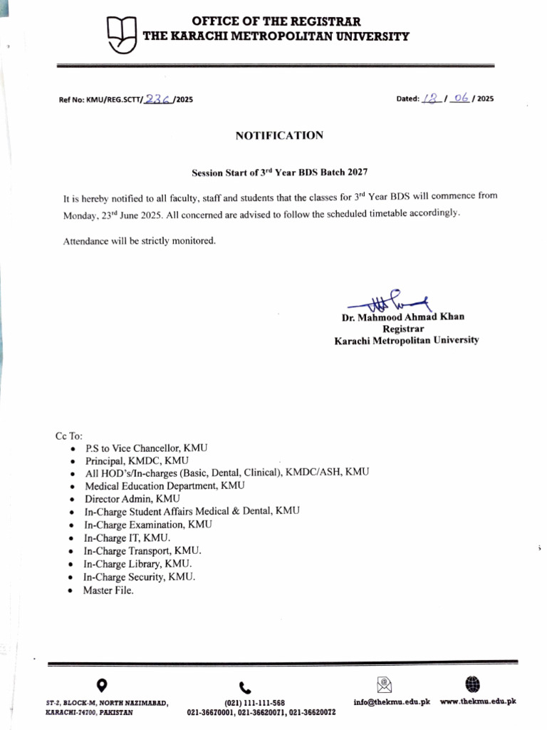 Commencement of Classes 3rd Year BDS | PDF