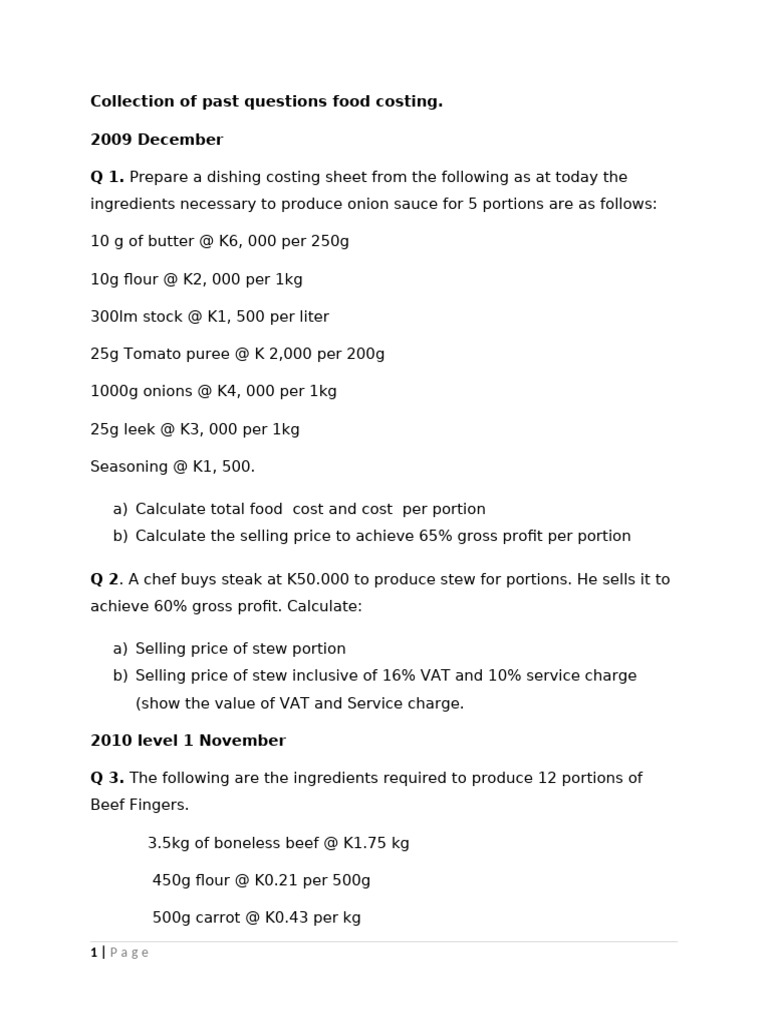 Food Costing Questions and Calculations | PDF | Cost | Net Income