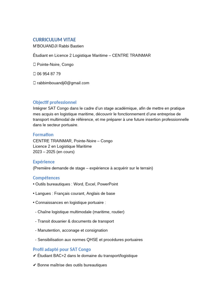 Demande de stage chez SAT Congo | PDF | Logistique