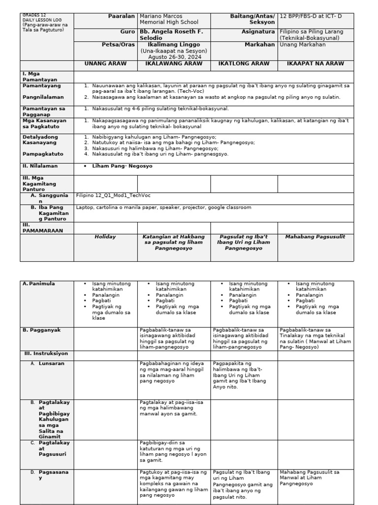 Pagsulat q1 w5 Daily Lesson Log | PDF