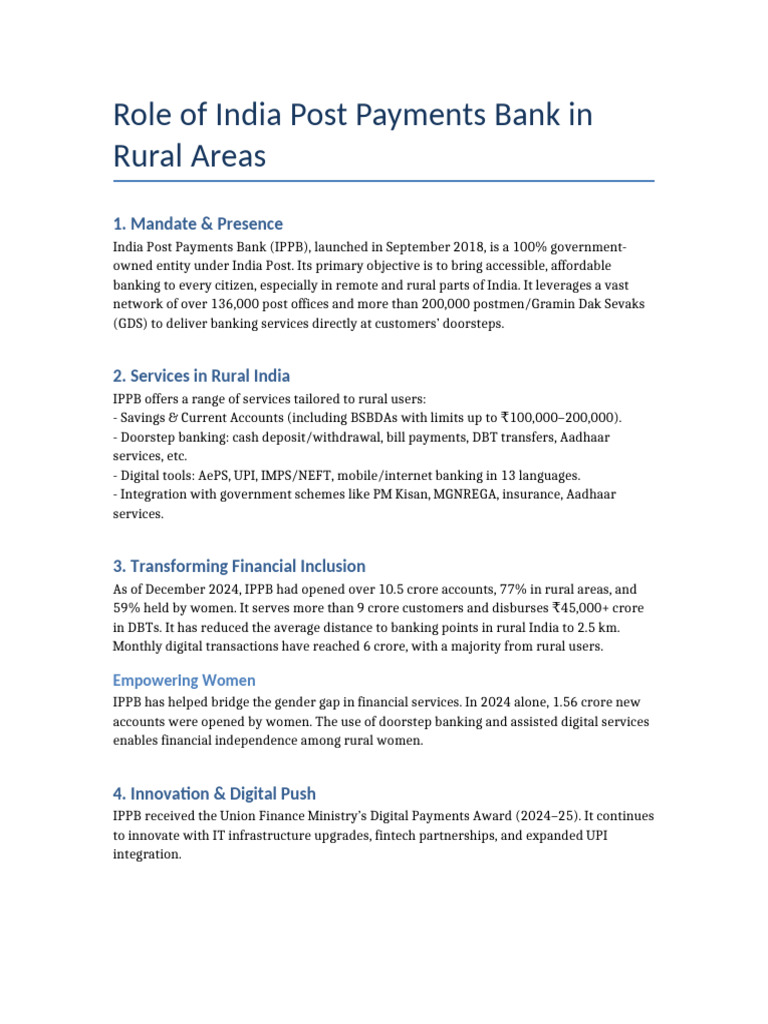 Role of IPPB in Rural Areas | PDF | Banks | Financial Inclusion