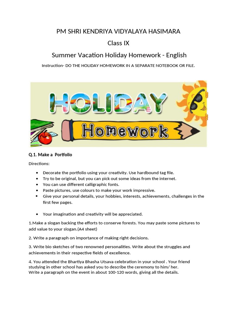 Class 9th Summer Break HHW | PDF
