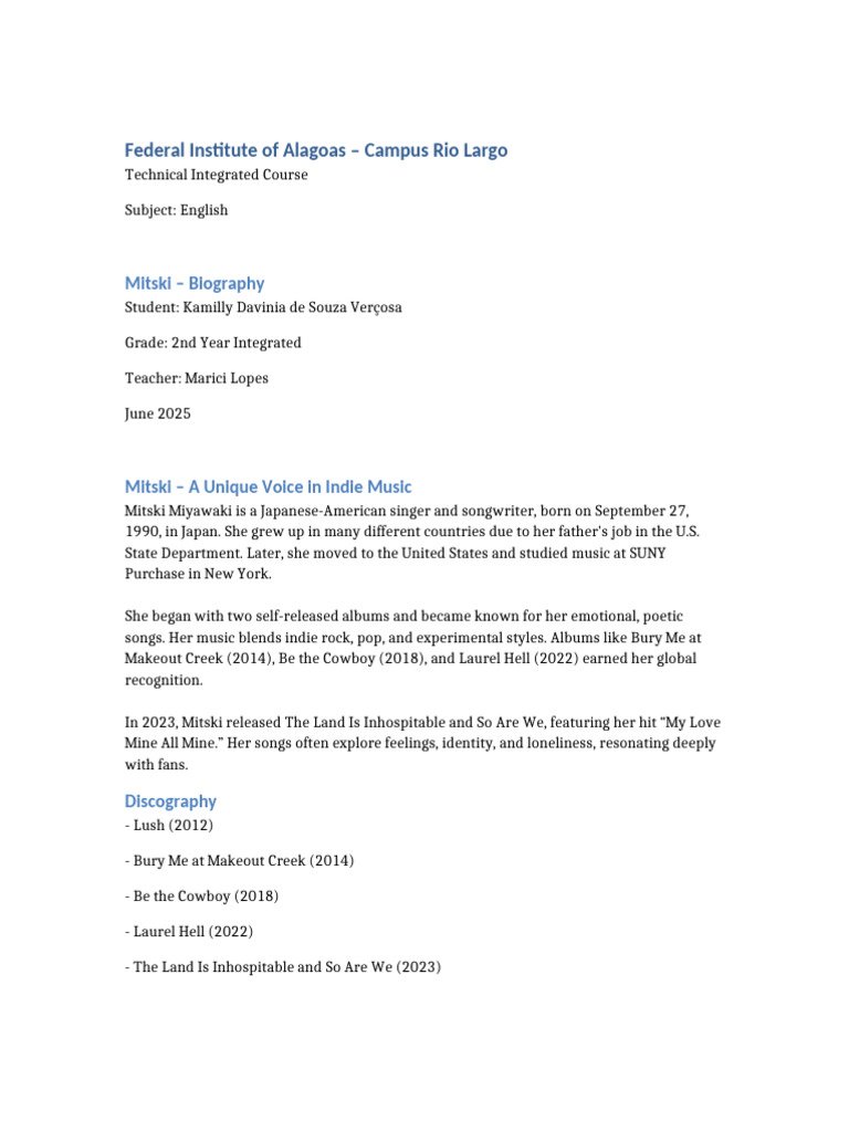 Mitski - Biography | PDF