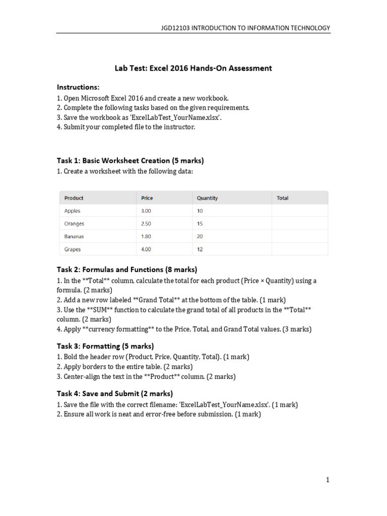 Lab Test Excel 2016 | PDF