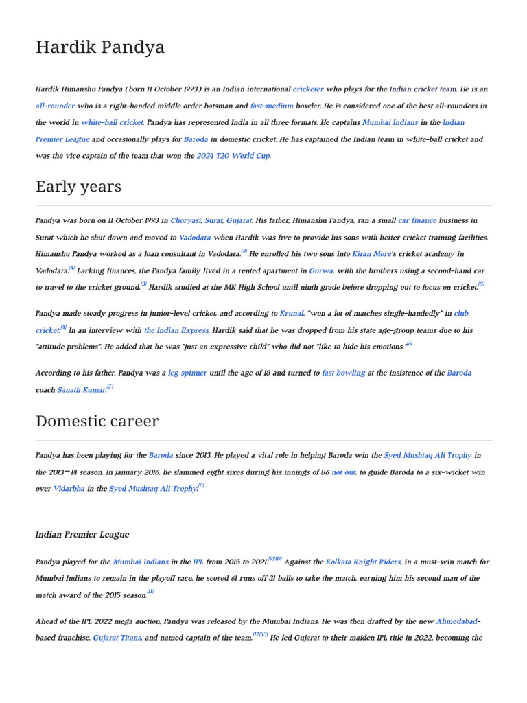 Hardik Pandya: Biography and Career Overview | PDF | Ball And Bat Games ...