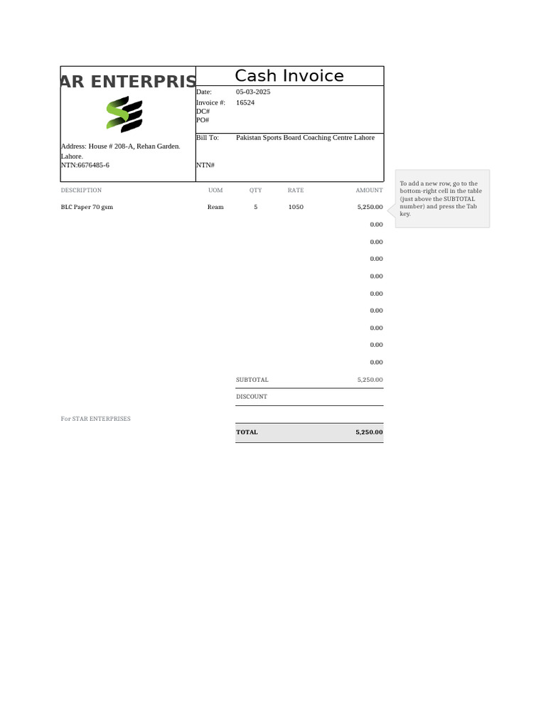STAR ENTERPRISES Cash Invoice 16524 | PDF