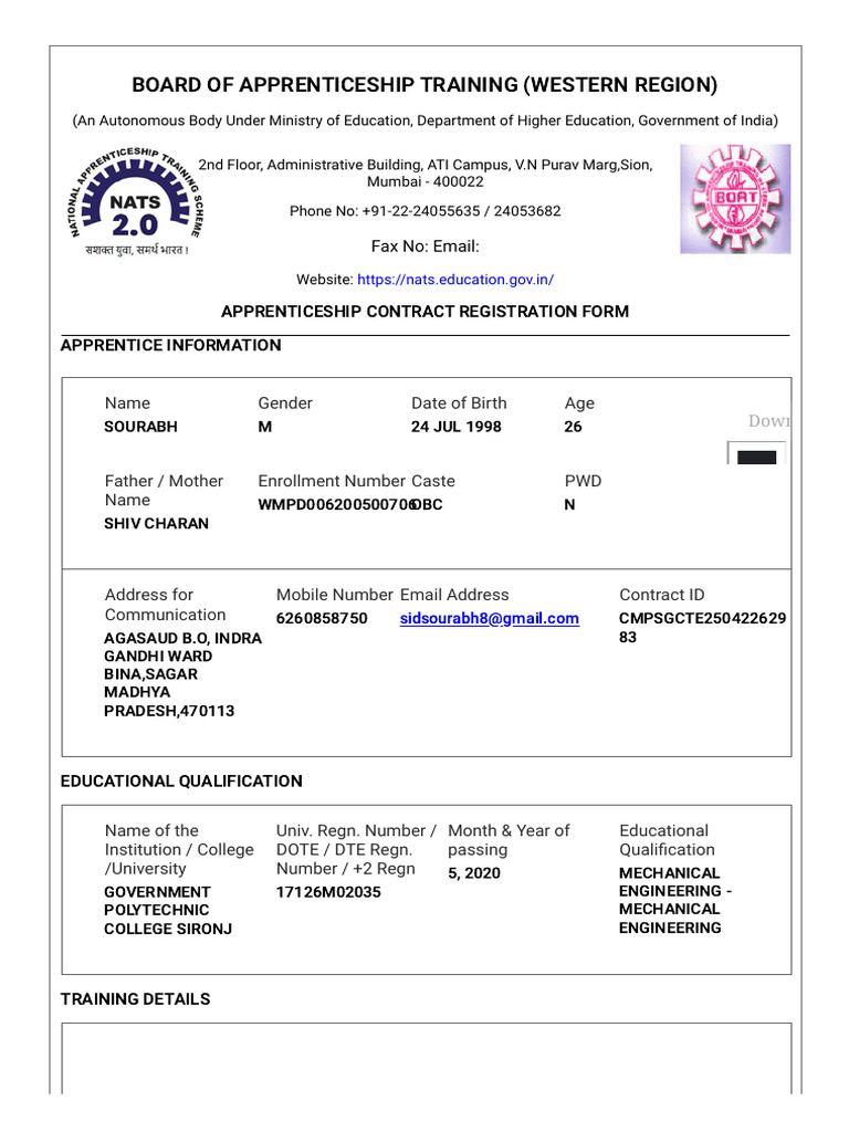 Apprenticeship Contract Registration Form | PDF | Apprenticeship ...