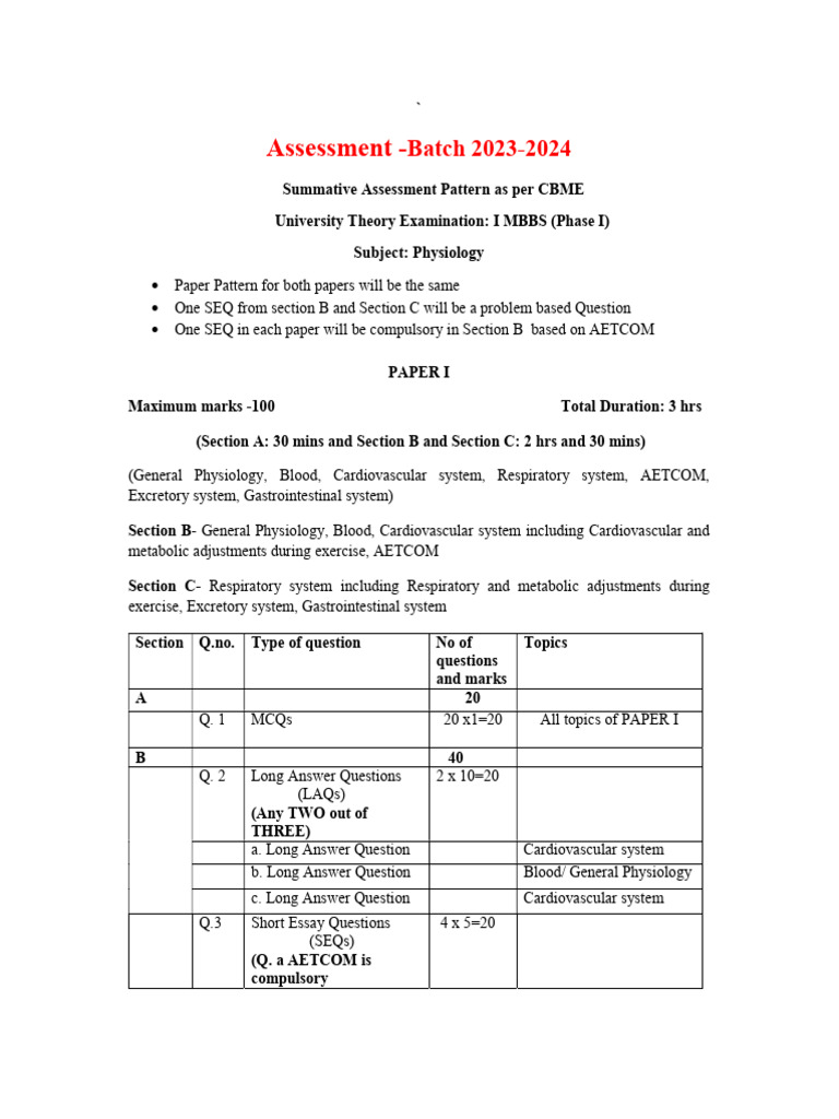 Summative Assessment - Preliminary Examination - Paper Pattern | PDF | Nervous System | Physiology
