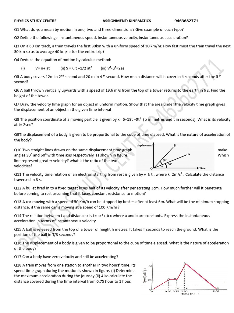 Kinematics Assignment Motion in A Straight Line Ss | PDF | Velocity | Speed