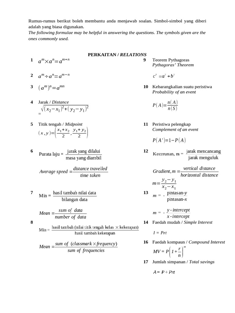 Senarai Formula UASA Matematik KSSM | PDF | Area | Volume