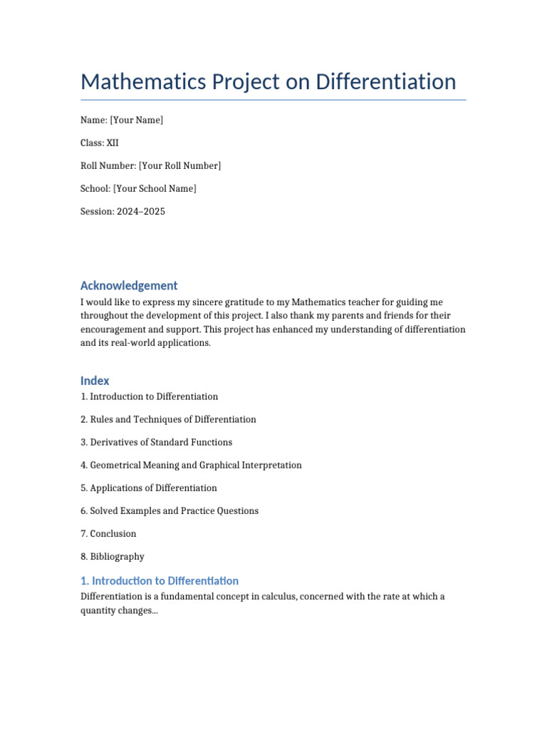 Differentiation Project for Class XII | PDF