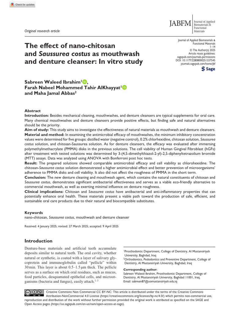 Waleed Ibrahim Et Al 2025 The Effect of Nano Chitosan and Saussurea Costus As Mouthwash and ...