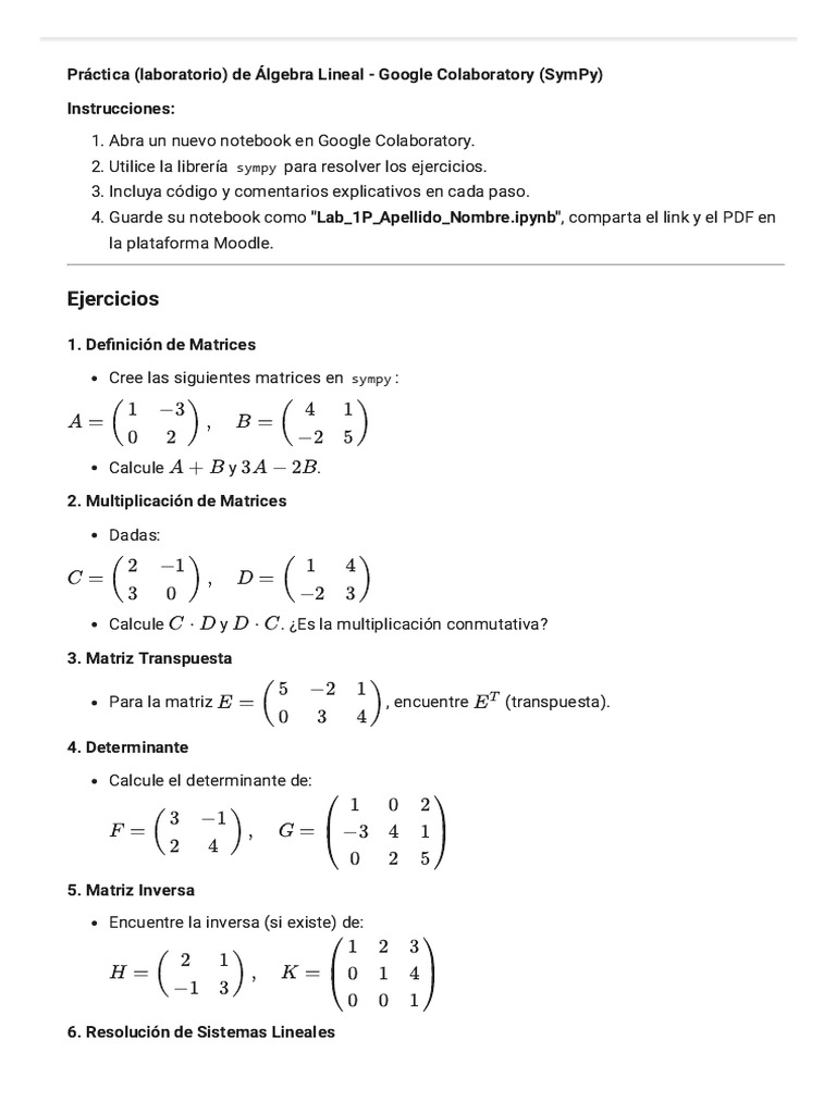 Lab 1P AL | PDF | Matriz (Matemáticas) | Teoría de la matriz