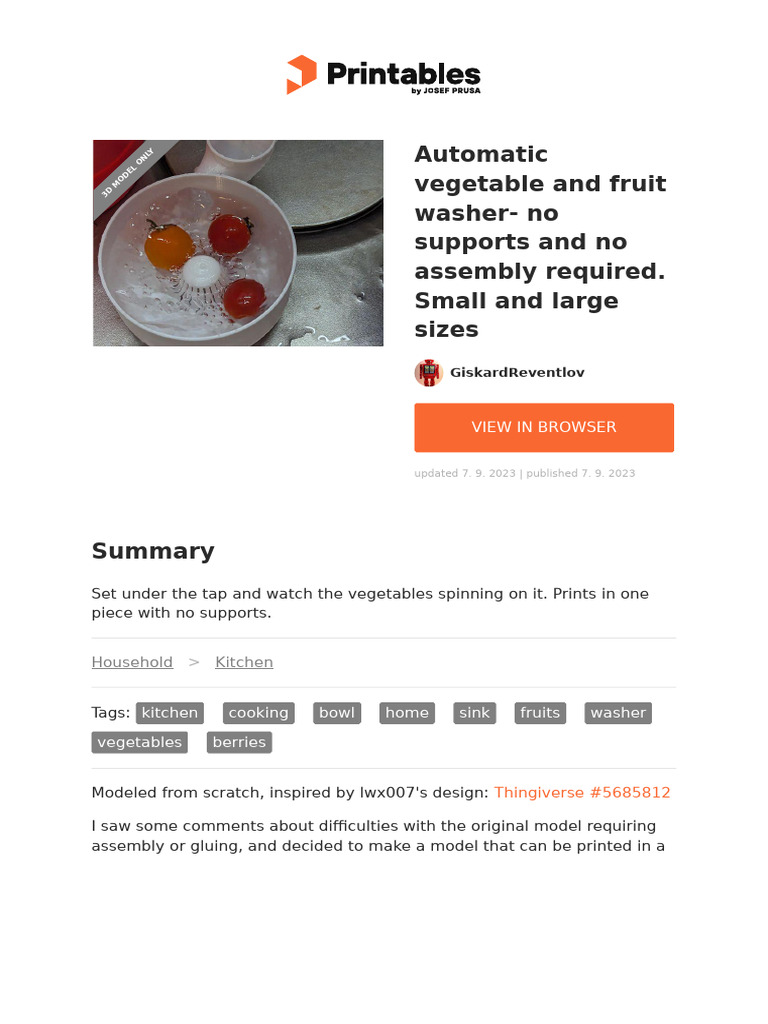 3D Printed Fruit & Veggie Washer STL | PDF