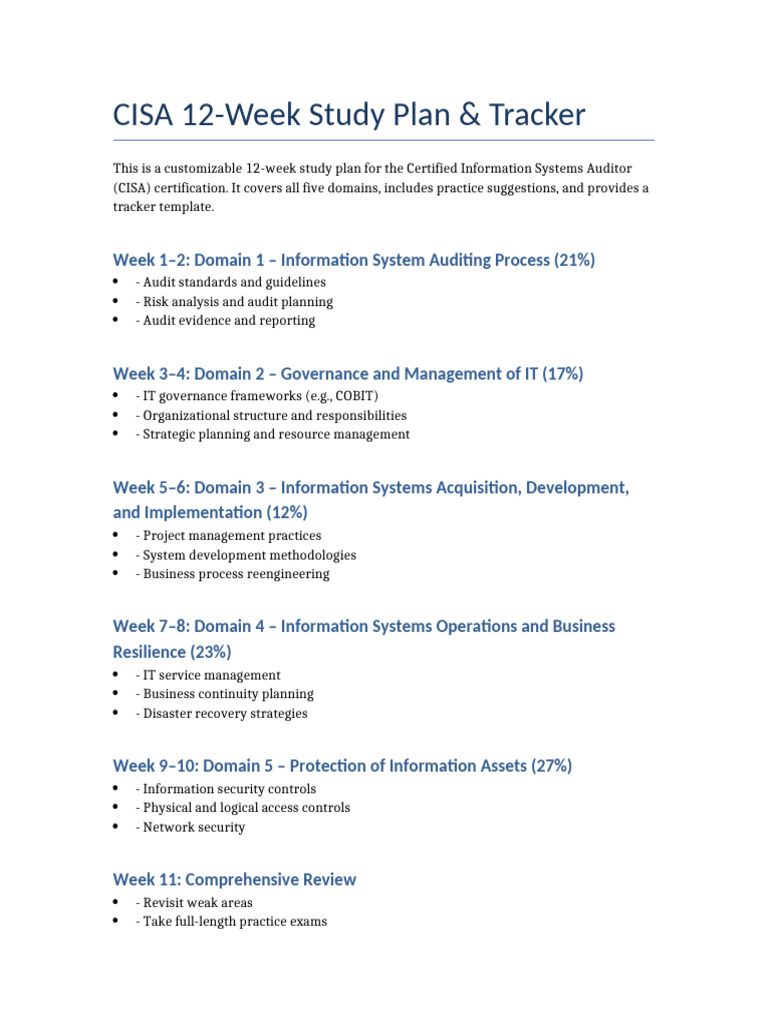 Cisa 12 Week Study Plan Guide Pdf Risk Business