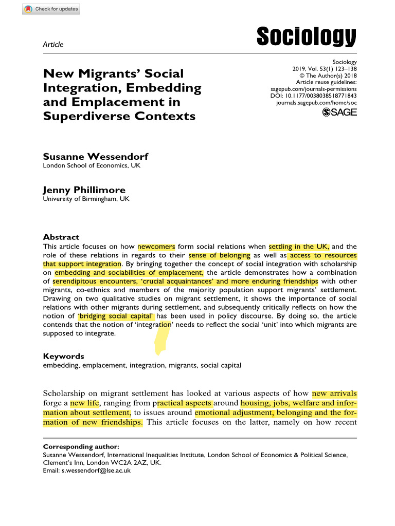 Wessendorf and Phillimore - 2019 - New Migrants' Social Integration, Embedding and em | PDF ...
