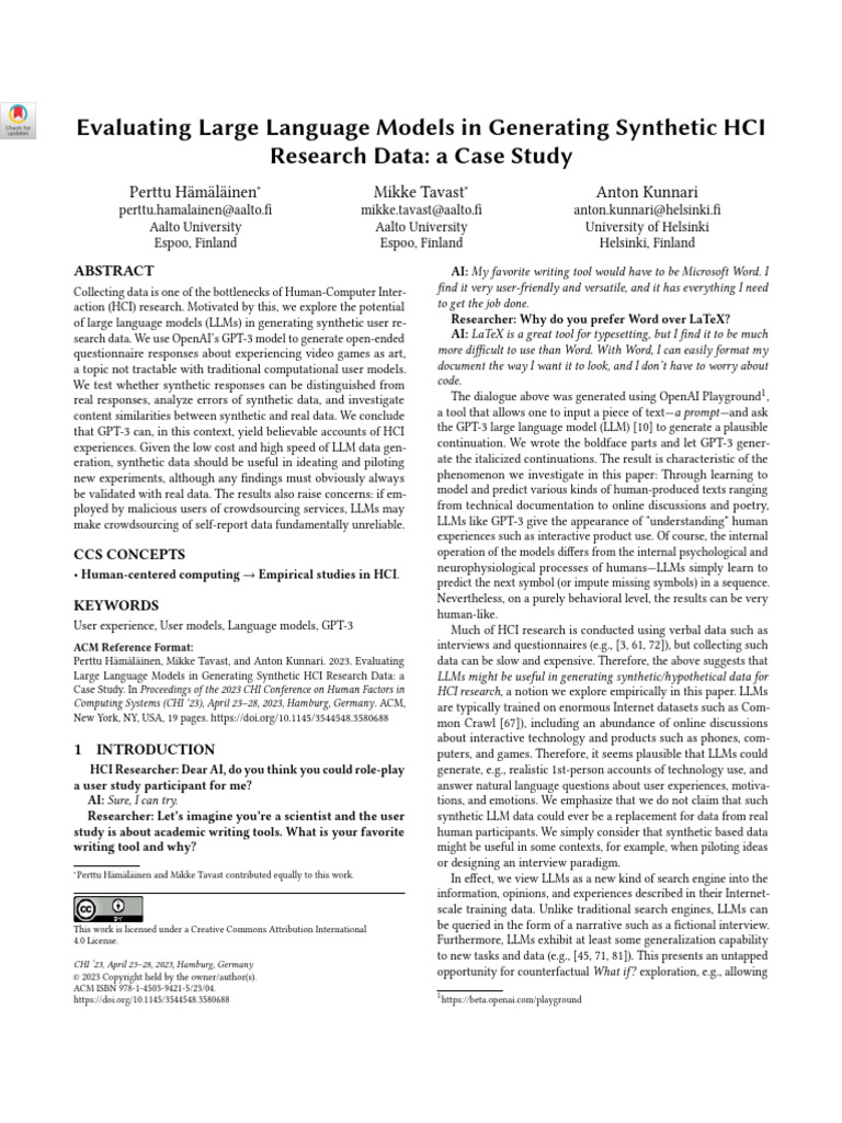 Evaluating Large Language Models in Generating Synthetic HCI Research Data A Case Study | PDF ...