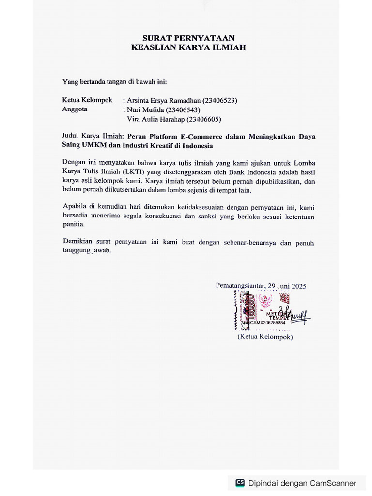 Surat Pernyataan Keaslian Karya Ilmiah | PDF